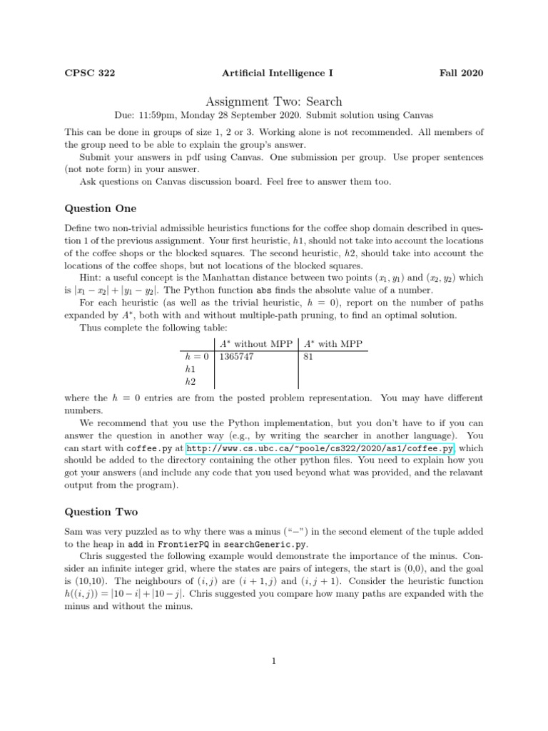 CPSC 322 AI1 Assignment Two: Search heuristics and graph search | PDF | Discrete Mathematics ...