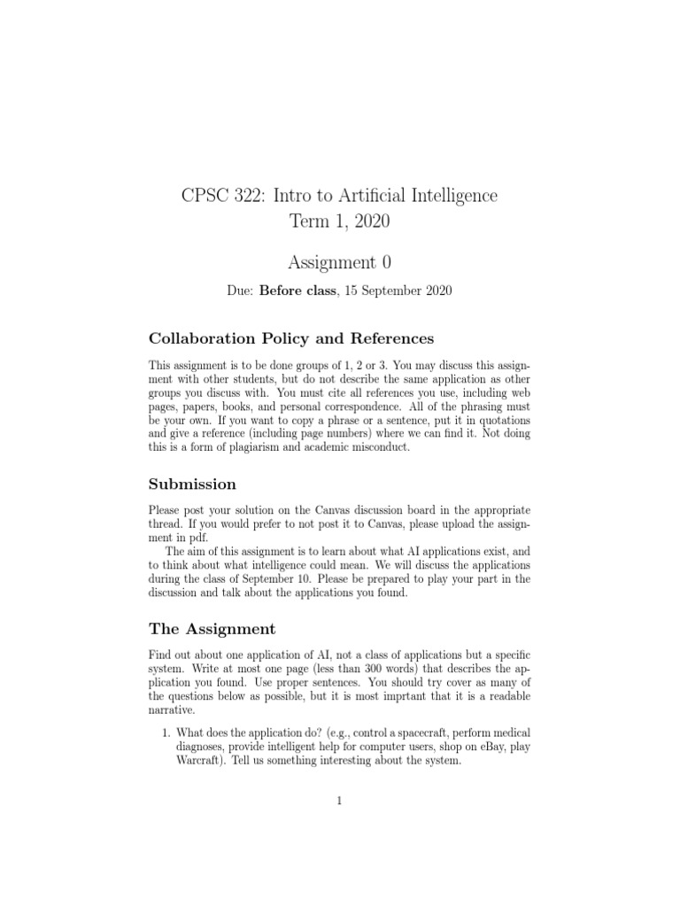 CPSC 322: Intro To Artificial Intelligence Term 1, 2020 Assignment 0 | PDF | Artificial ...