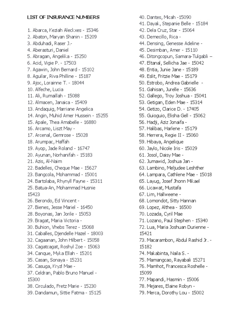 List of Insurance Numbers | PDF