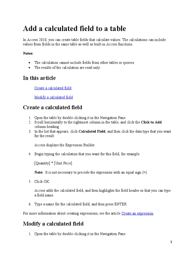Add A Calculated Field To A Table | PDF | Microsoft Access | Sql