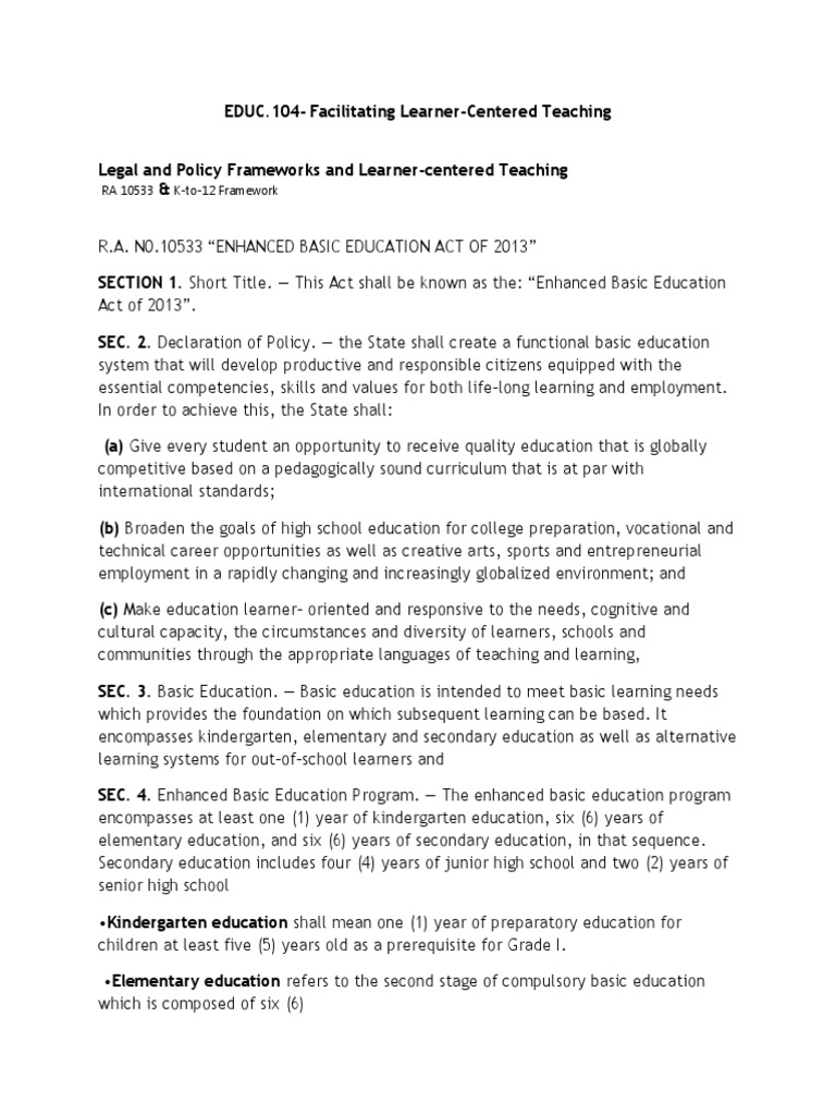 Educ104 Legal and Policy Frameworks and Learner | PDF | Curriculum ...