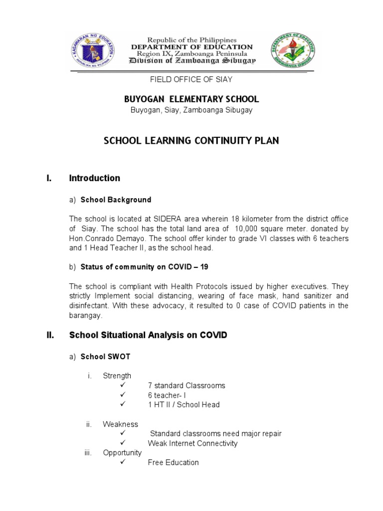School Learning Continuity Plan - BUYOGAN ES PDF | PDF | Schools | Teachers