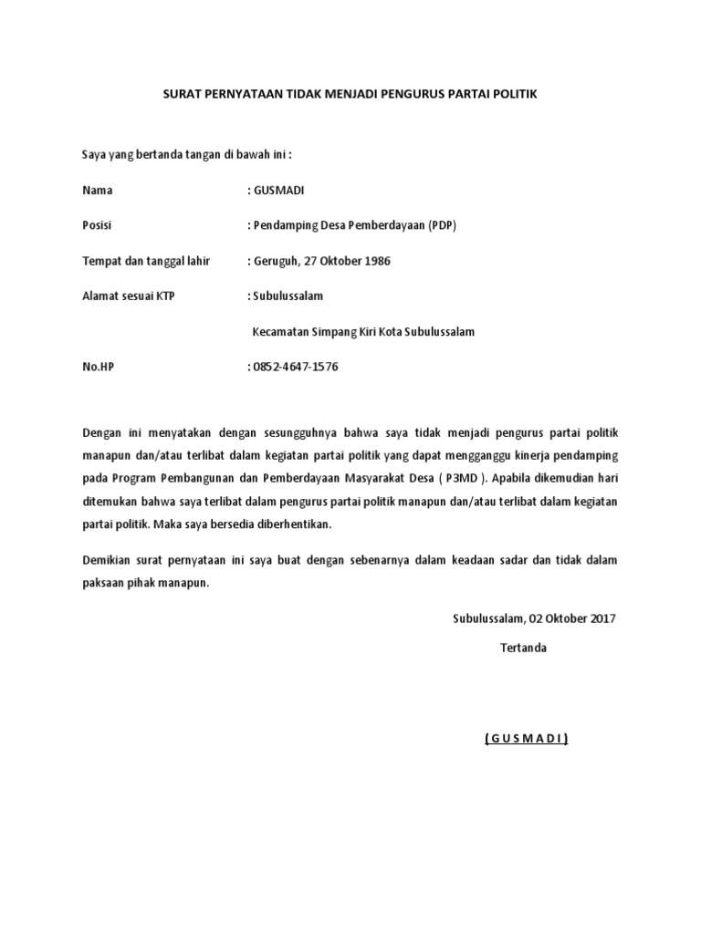Surat Pernyataan Tidak Menjadi Pengurus Partai Politik | PDF