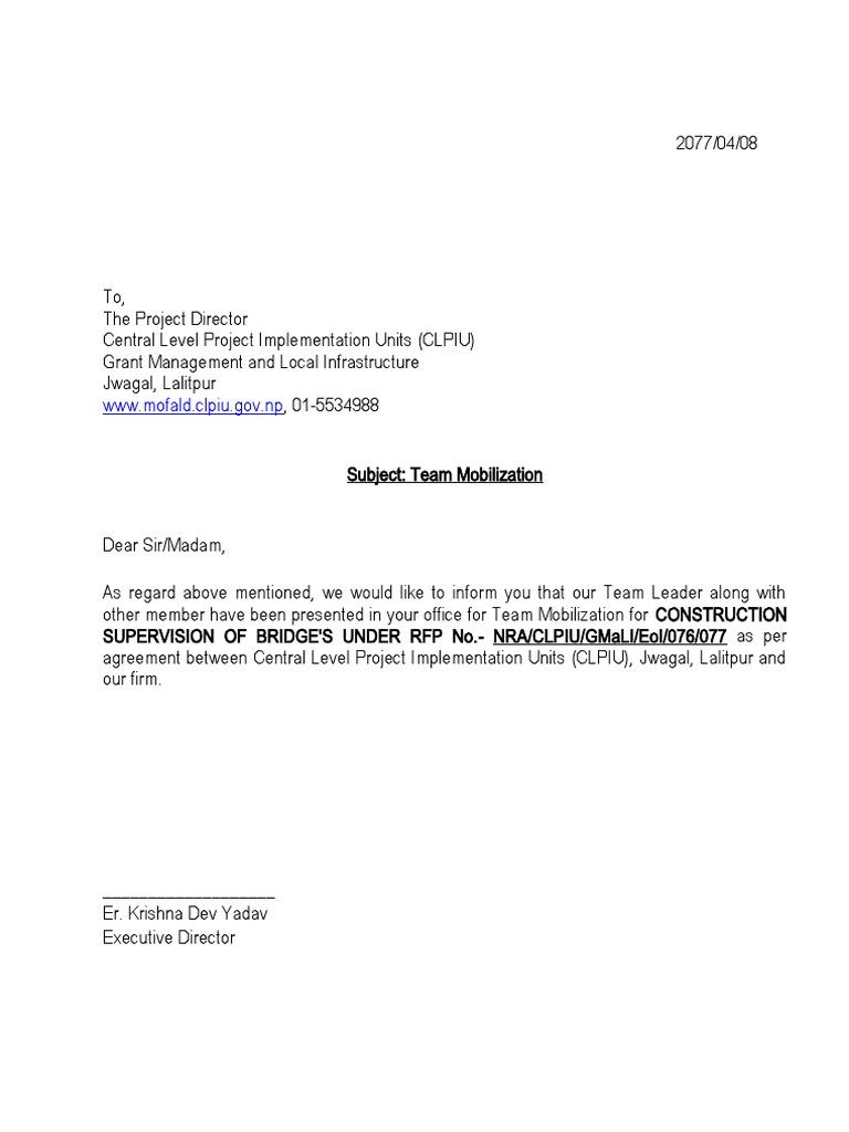 Field Mobilization Letter | PDF