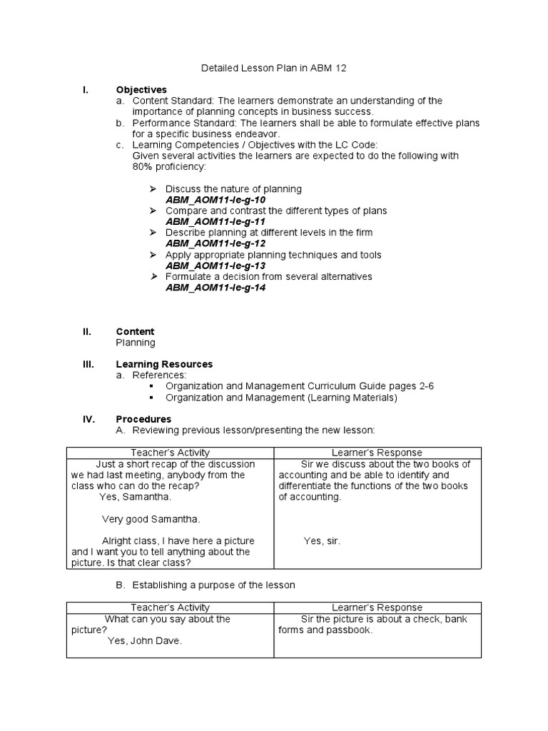 Detailed - Lesson - Plan - in - ABM OM Planning | PDF | Transaction ...