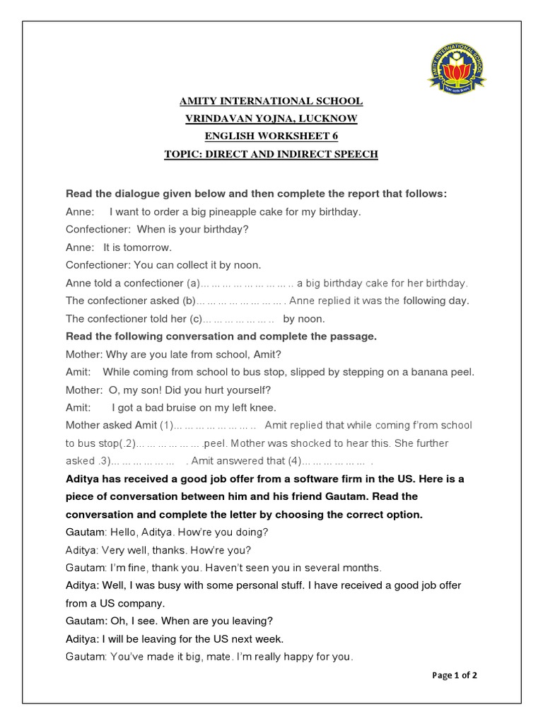 Direct Indirect Speech Worksheet | PDF