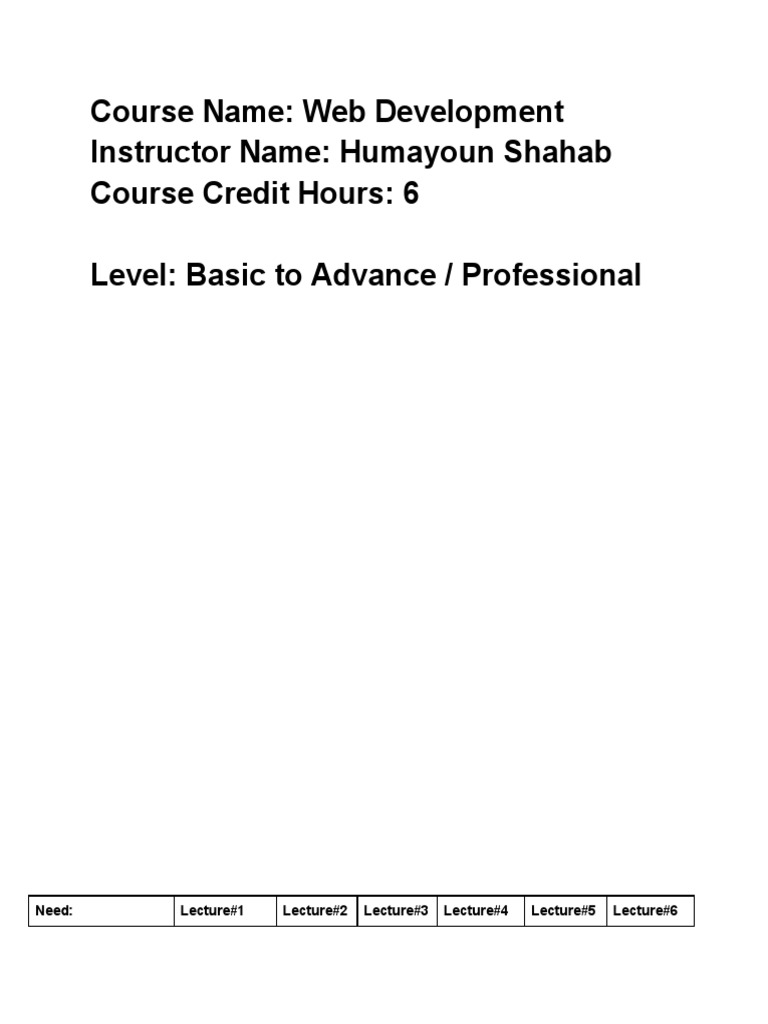 Course Name: Web Development Instructor Name: Humayoun Shahab Course Credit Hours: 6 Level ...