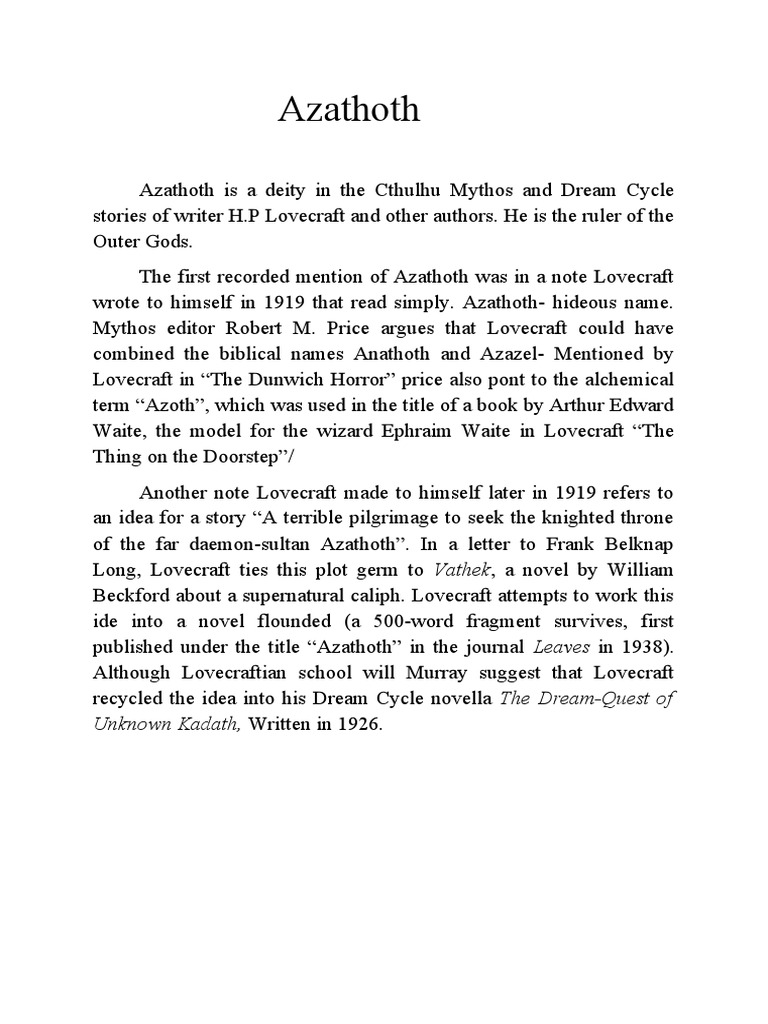Azathoth: The Ruler of the Outer Gods in Lovecraft's Cthulhu Mythos | PDF