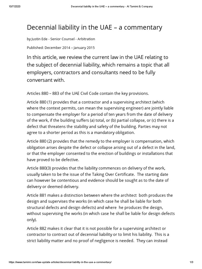Decennial Liability Under UAE Law | PDF | Indemnity | Private Law