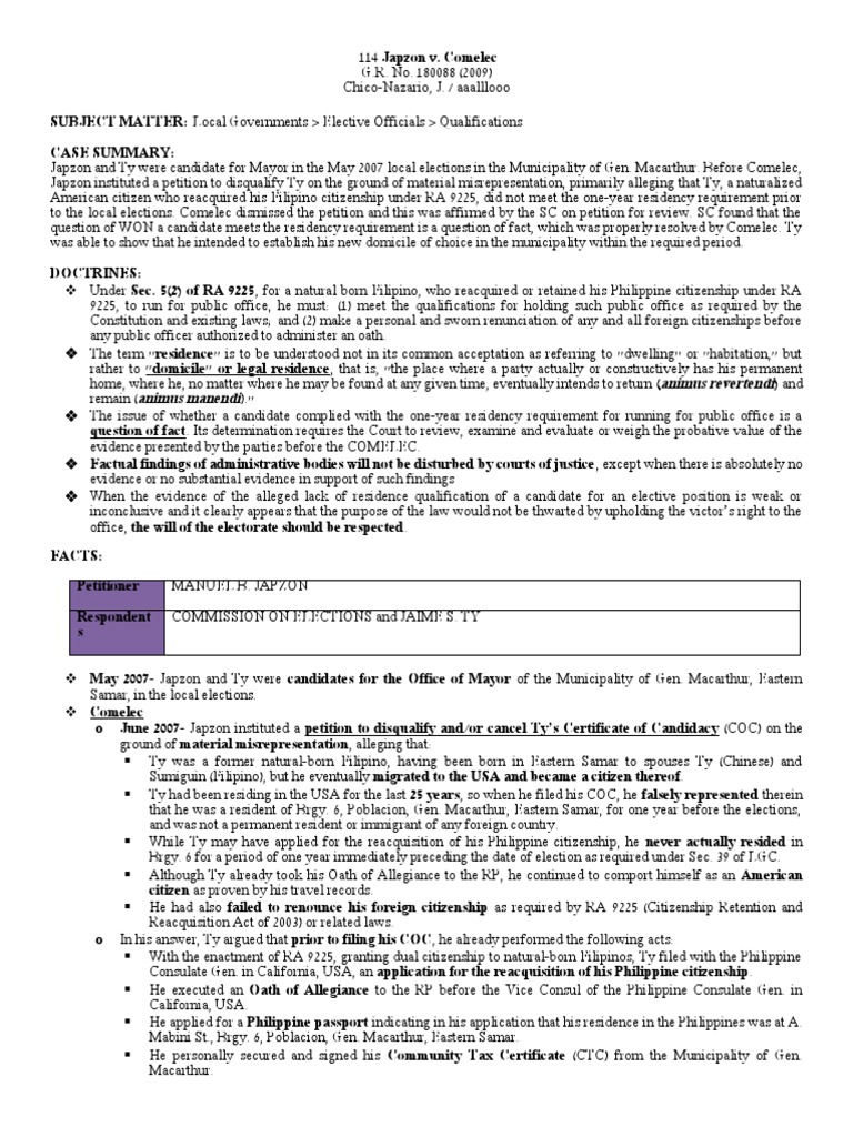 Residency Requirement for Public Office Satisfied by Natural-Born Filipino Who Reacquired ...