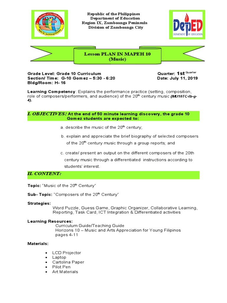 Lesson Plan in Mapeh 10 (Music) : I. Objectives | PDF | Impressionism ...