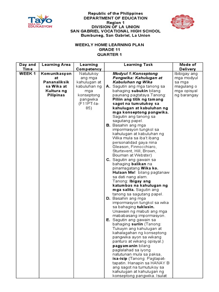 Weekly Plan Week 1 Filipino 11 | PDF