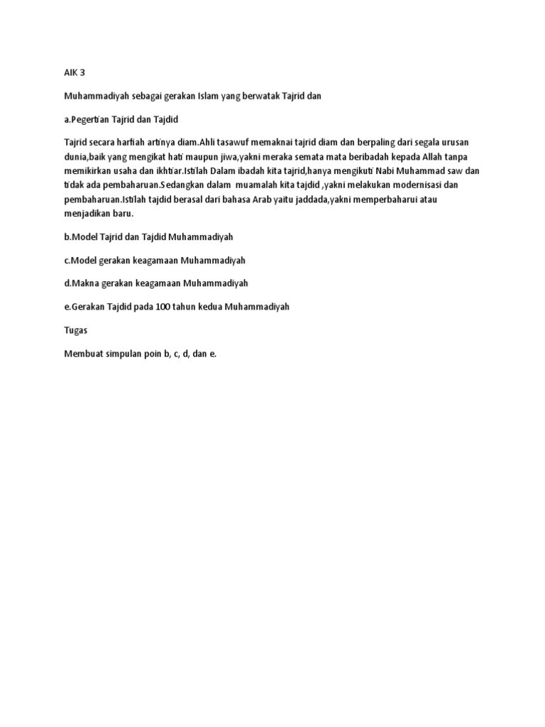 AIK 3 Muhammadiyah Sebagai Gerakan Islam Yang Berwatak Tajrid Dan Tajdid | PDF