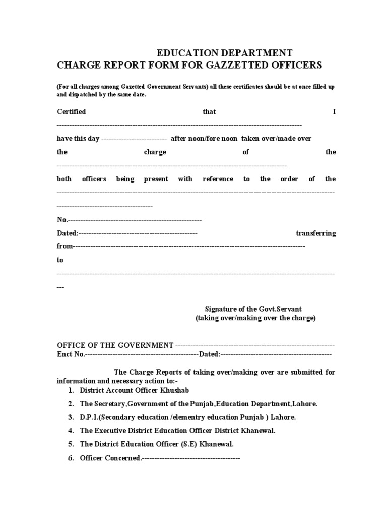 Education Department Charge Report Form For Gazzetted Officers | PDF ...