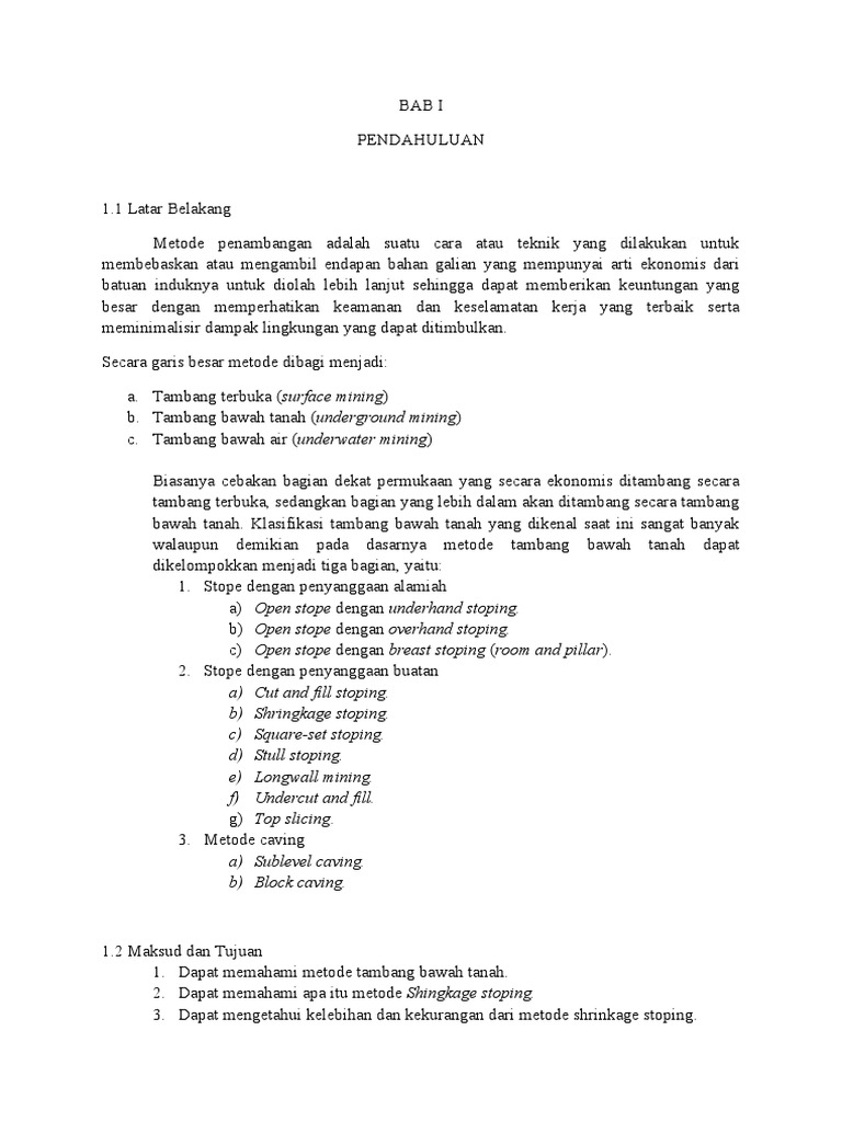 Makalah Penambangan Bawah Tanah Dengan Metode Shrinkage Stoping Gita | PDF