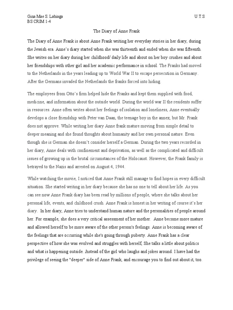 A Summary and Analysis of Anne Frank's Diary Detailing Her Life in ...