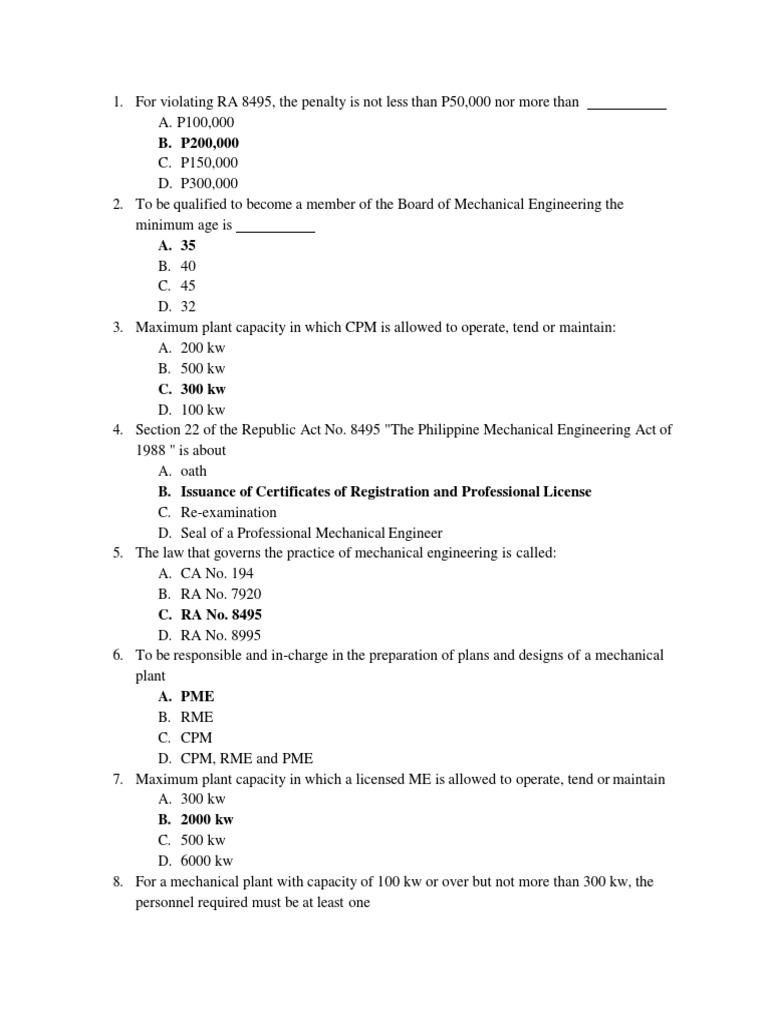 Mechanical Engineering Law RA 8495 Review Quiz | PDF | Licensure | Engineer