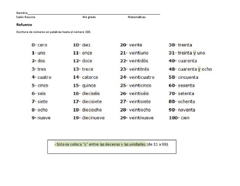 Escritura de Números en Palabras Hasta 100 | PDF