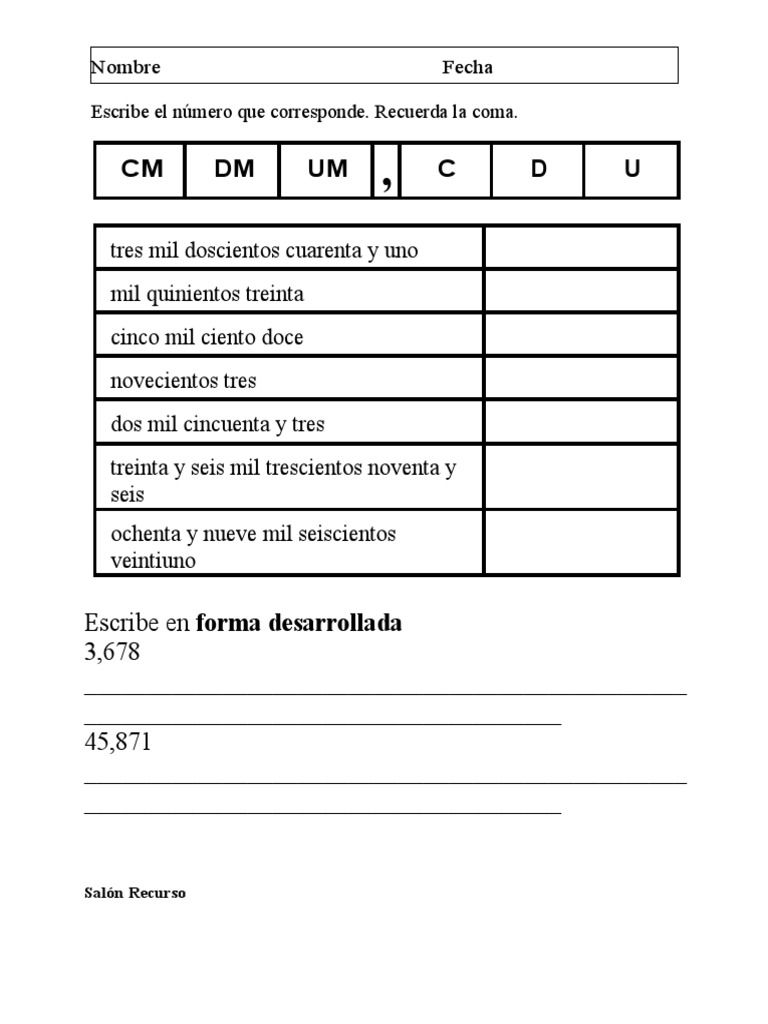 Escritura de Números Hasta El Millón | PDF
