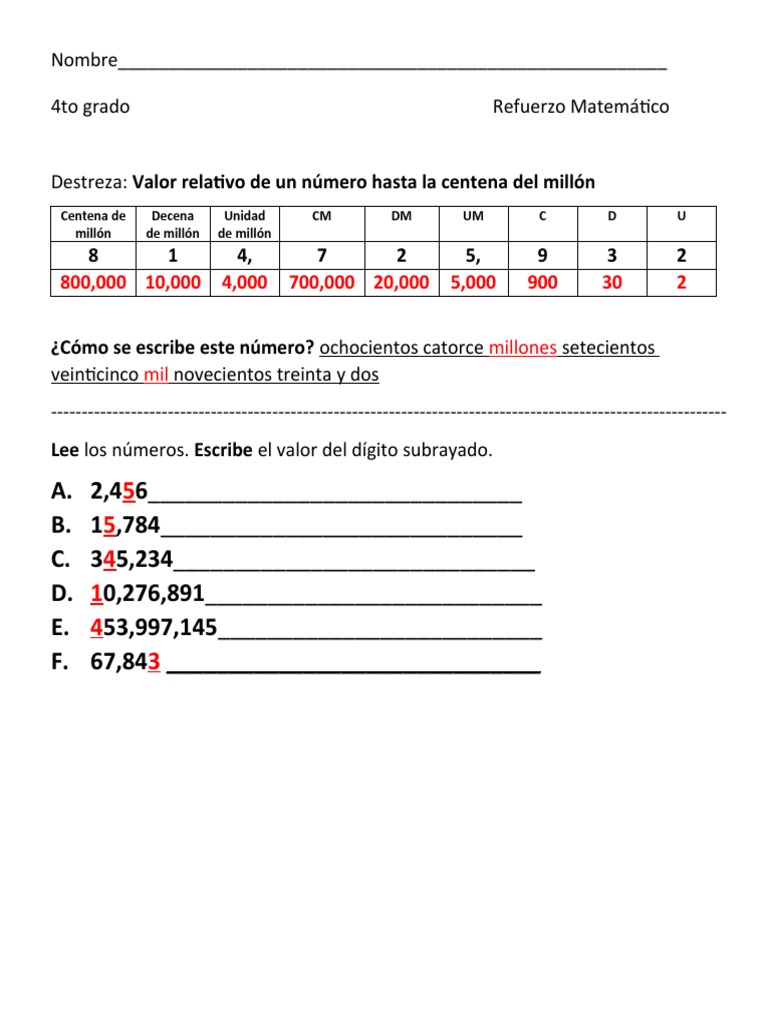 Valor Posicional Prueba De Cuarto Grado
