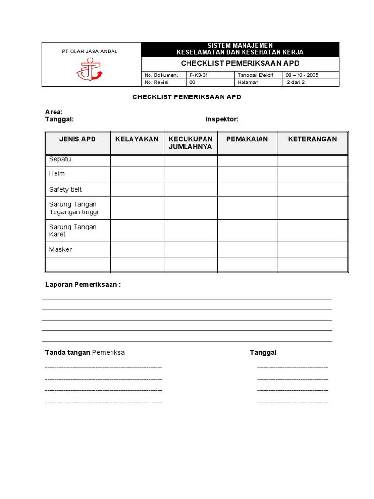 F-K3-31 Checklist Pemeriksaan APD | PDF