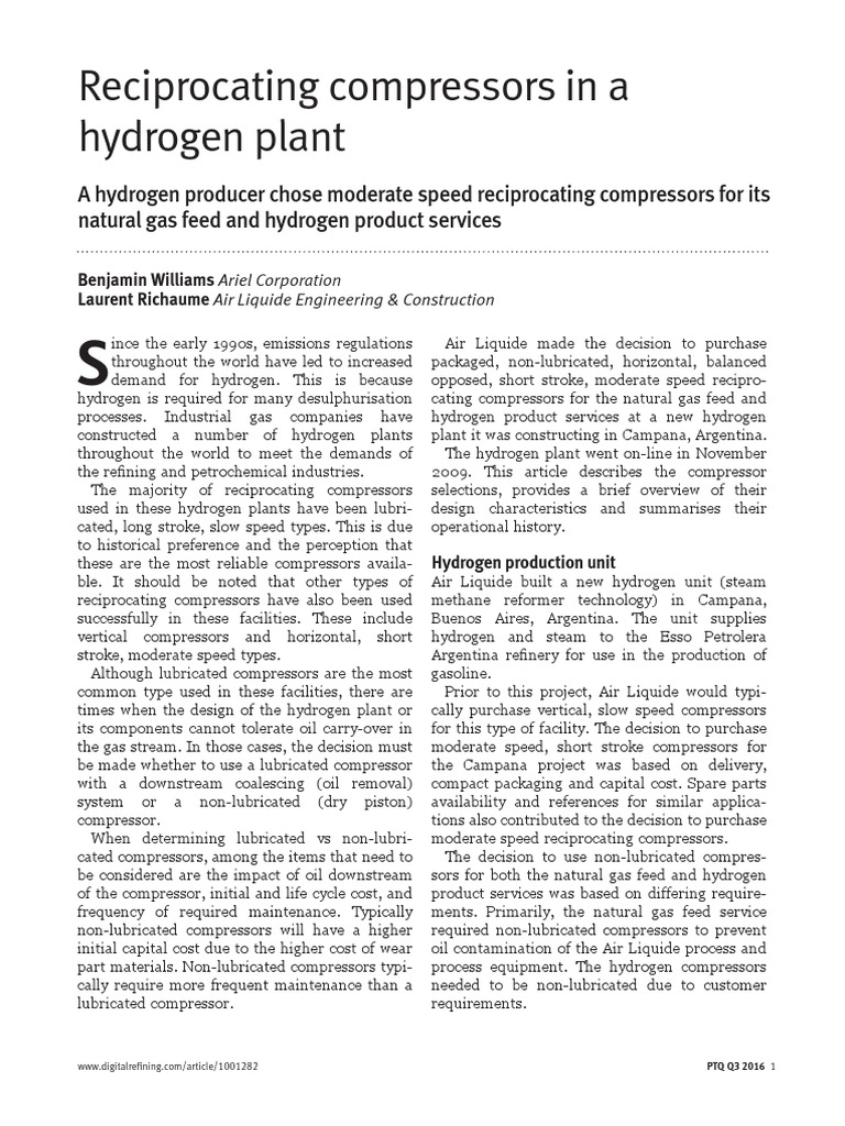 Reciprocating Compressors in A Hydrogen Plant 2016 | PDF | Piston ...