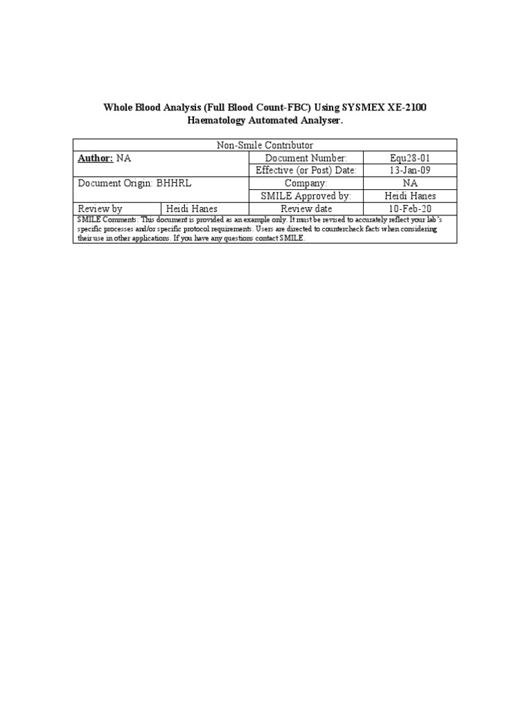 Whole Blood Analysis (Full Blood Count-FBC) Using SYSMEX XE-2100 ...
