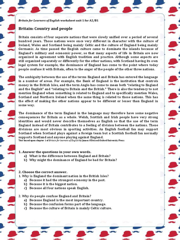 Britain: Country and People: Britain For Learners of English Worksheet ...