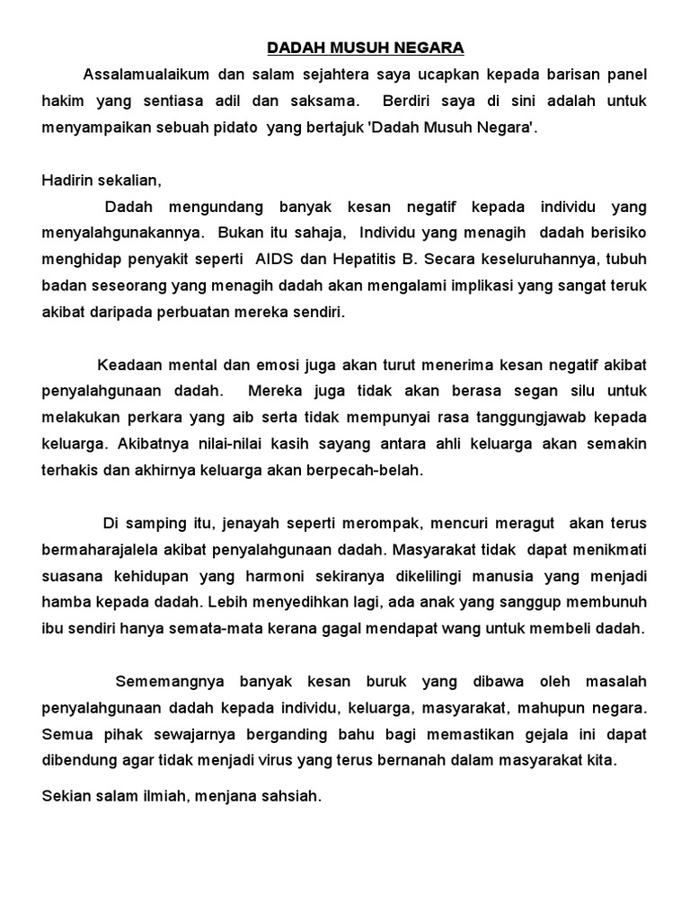 Teks Pidato Dadah Musuh Negara Terbaru