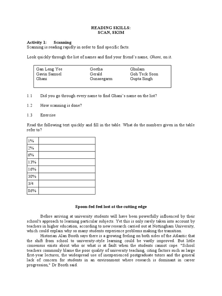 Reading Skills: Scan, Skim Activity 1: Scanning | PDF | Teachers | Lecture