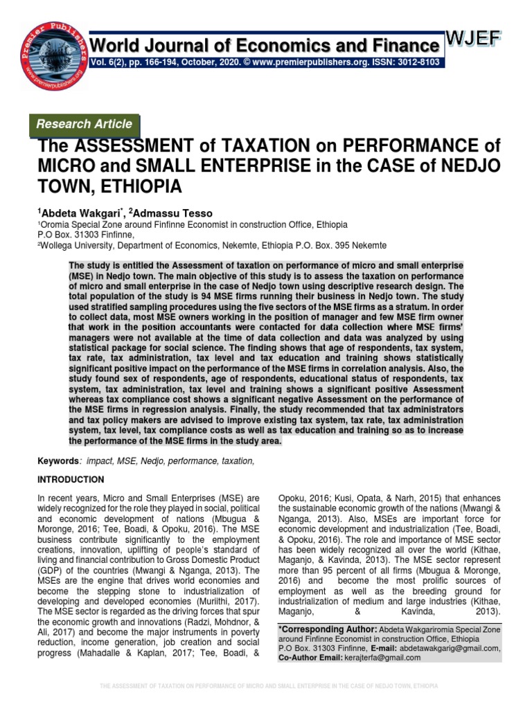 The ASSESSMENT of TAXATION On PERFORMANCE of MICRO and SMALL ENTERPRISE ...