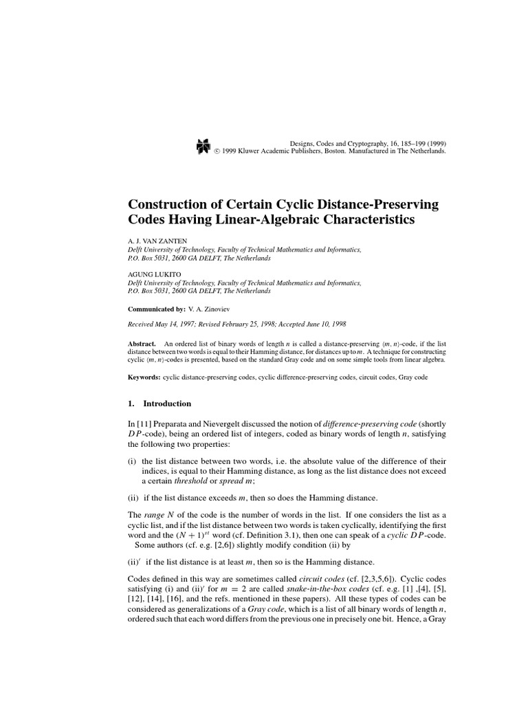 Cyclic Distance-Preserving Code Construction | PDF | Sequence | Basis ...