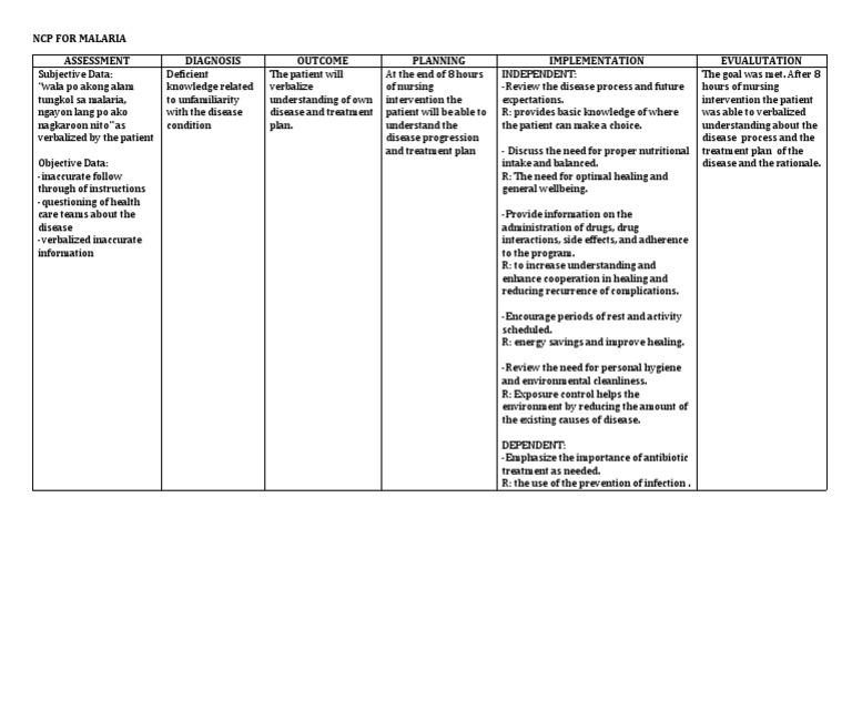 NCP For Malaria Assessment Diagnosis Outcome Planning Implementation Evualutation | PDF ...