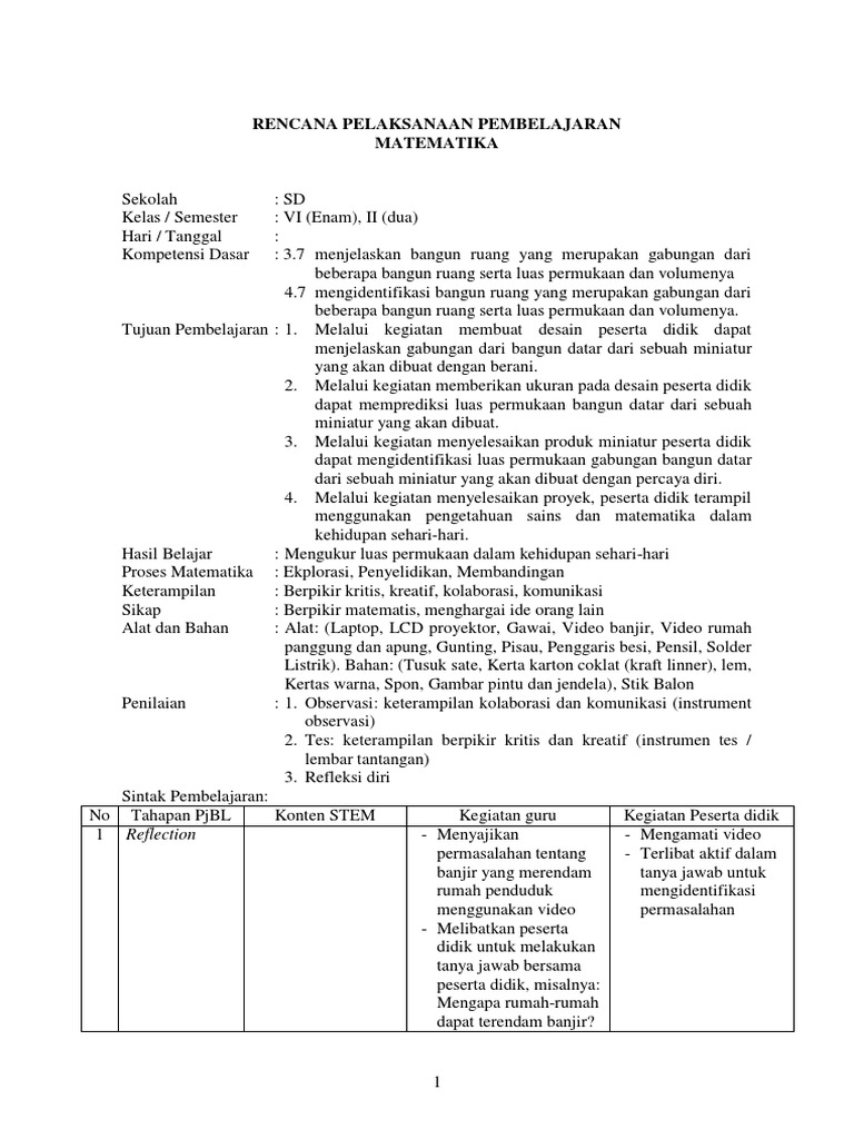 Contoh RPP Stem Matematika SD PDF | PDF