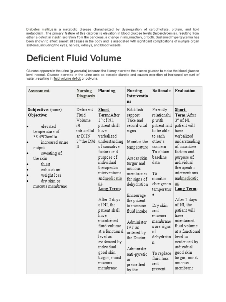 Deficient Fluid Volume: Assessment Nursing Diagnosis | PDF | Insulin ...