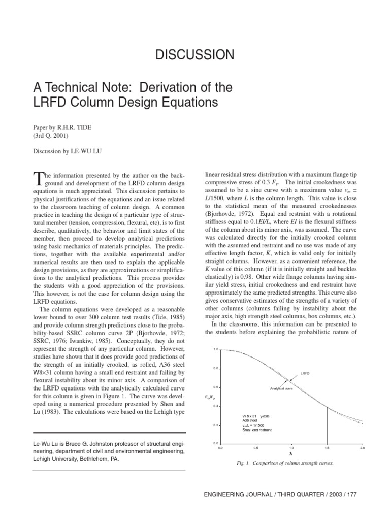 Discussion - A Technical Note - Derivation of The LRFD Column Design ...