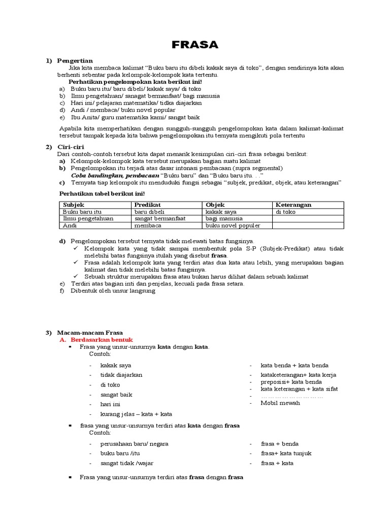 Ciri dan Macam Frasa dalam Bahasa Indonesia | PDF | Seni & Disiplin Bahasa