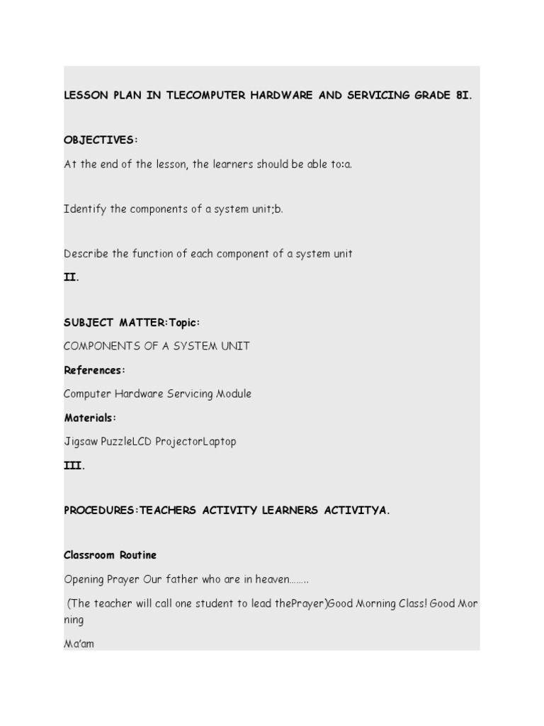 Lesson Plan in Tlecomputer Hardware and Servicing Grade 8I | PDF