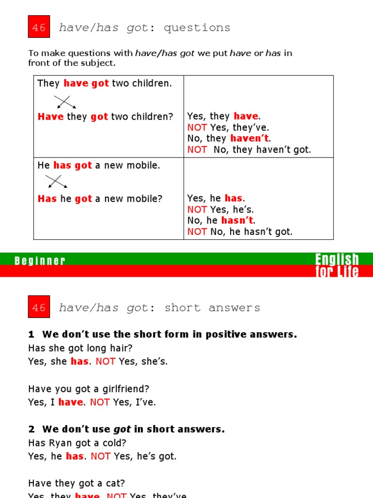Unit 46 - Have Got and Has Got (Questions) | PDF