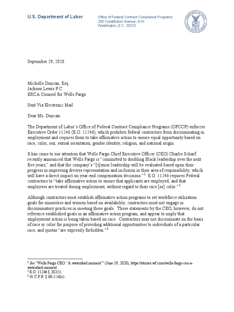Letter From OFCCP To Wells Fargo | PDF | Affirmative Action ...