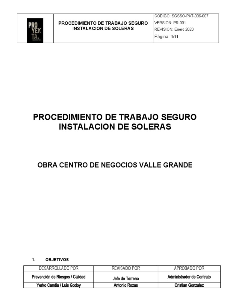 Procedimiento de Trabajo Seguro Instalacion de Soleras | PDF | Hormigón | Naturaleza