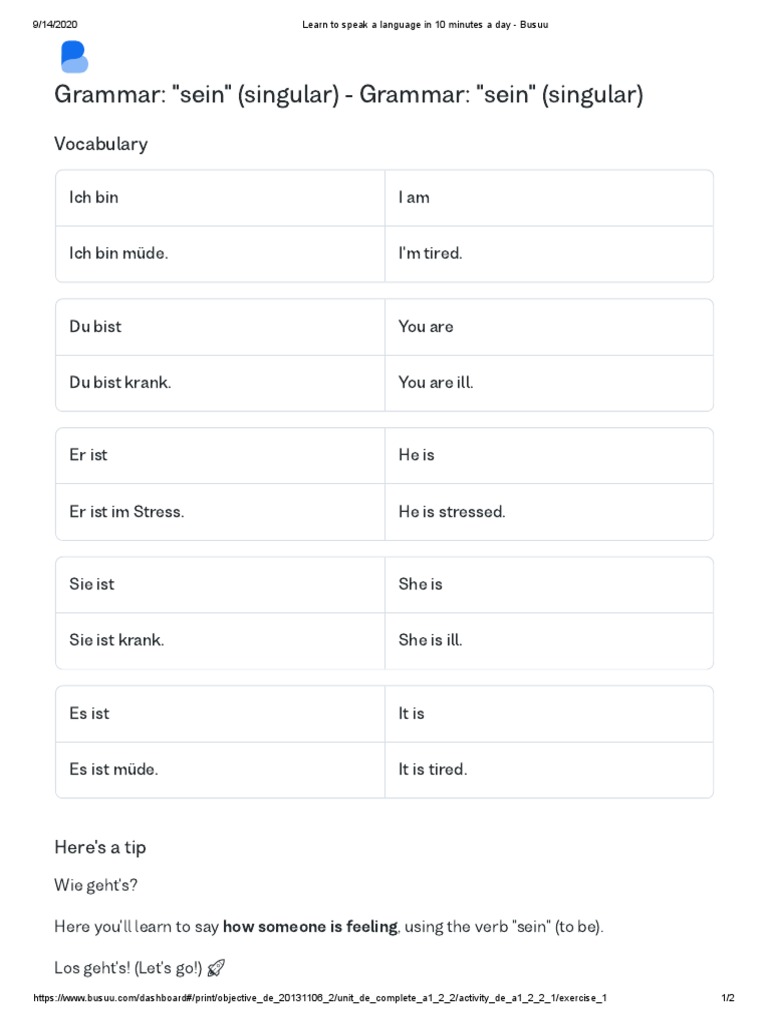 Grammar: "Sein" (Singular) - Grammar: "Sein" (Singular) : Vocabulary | PDF