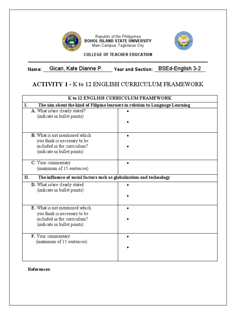 Activity 1 - K To 12 English Curriculum Framework: Gican, Kate Dianne P ...