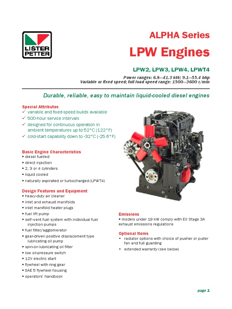 Lister Petter LPW Diesel Engine Specs | PDF | Diesel Engine | Horsepower