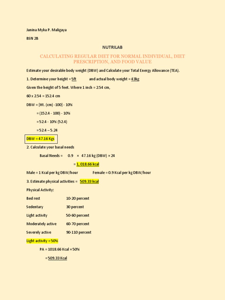 Calculating Regular Diet For Normal Individual, Diet Prescription, and ...