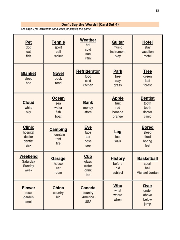 Don't Say The Words! (Card Set 4) : See Page 9 For Instructions and ...