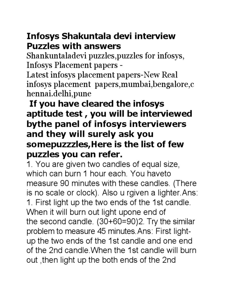 Infosys Shakuntala Devi Interview Puzzles With Answers | PDF | Physics ...