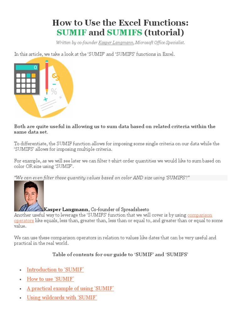 Sumif Sumifs How To Use The Excel Functions And Tutorial Pdf Spreadsheet Function