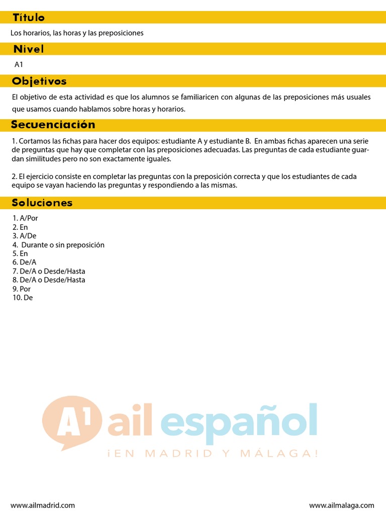 Ficha Explotacion Actividad Espanol Horas Preposiciones | PDF