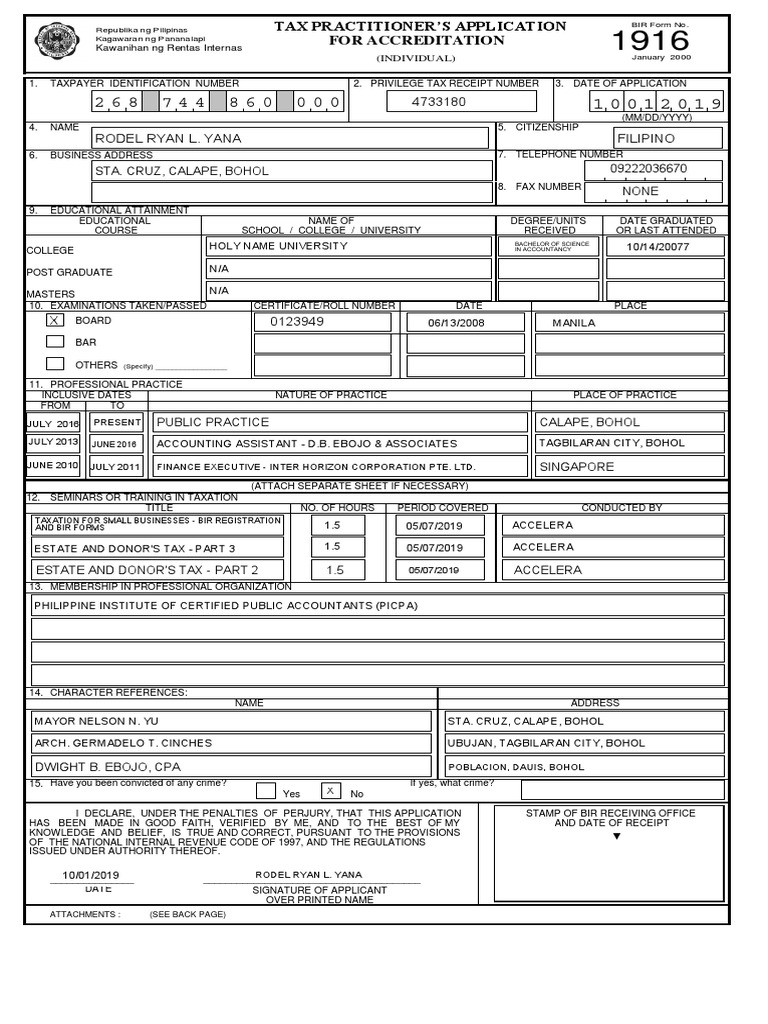 Application Form BIR 1916 | PDF | Certified Public Accountant ...